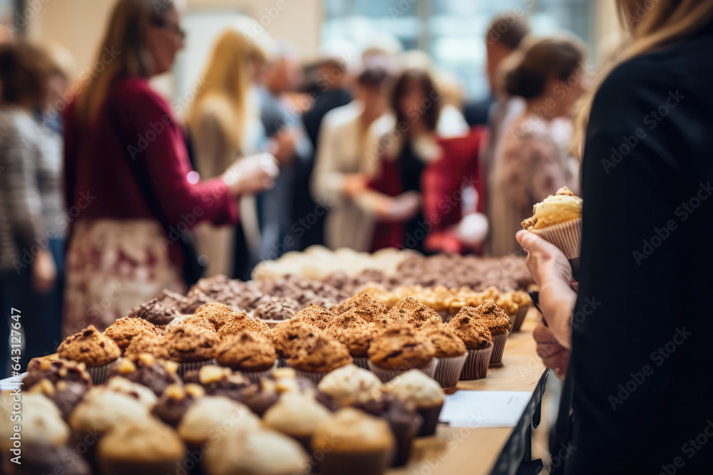 Queue Lot Of People In The Bake Sale. Сoncept Bake Sale Preparation ...