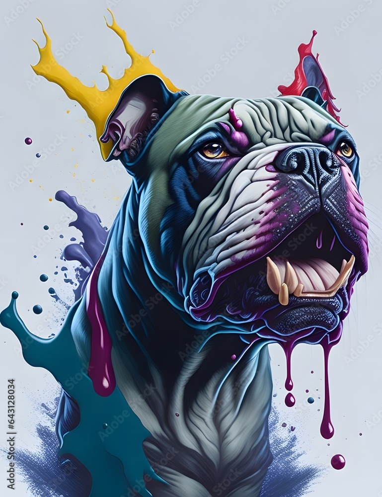 Roaring American Bully head in vibrant splash art with intricate ...