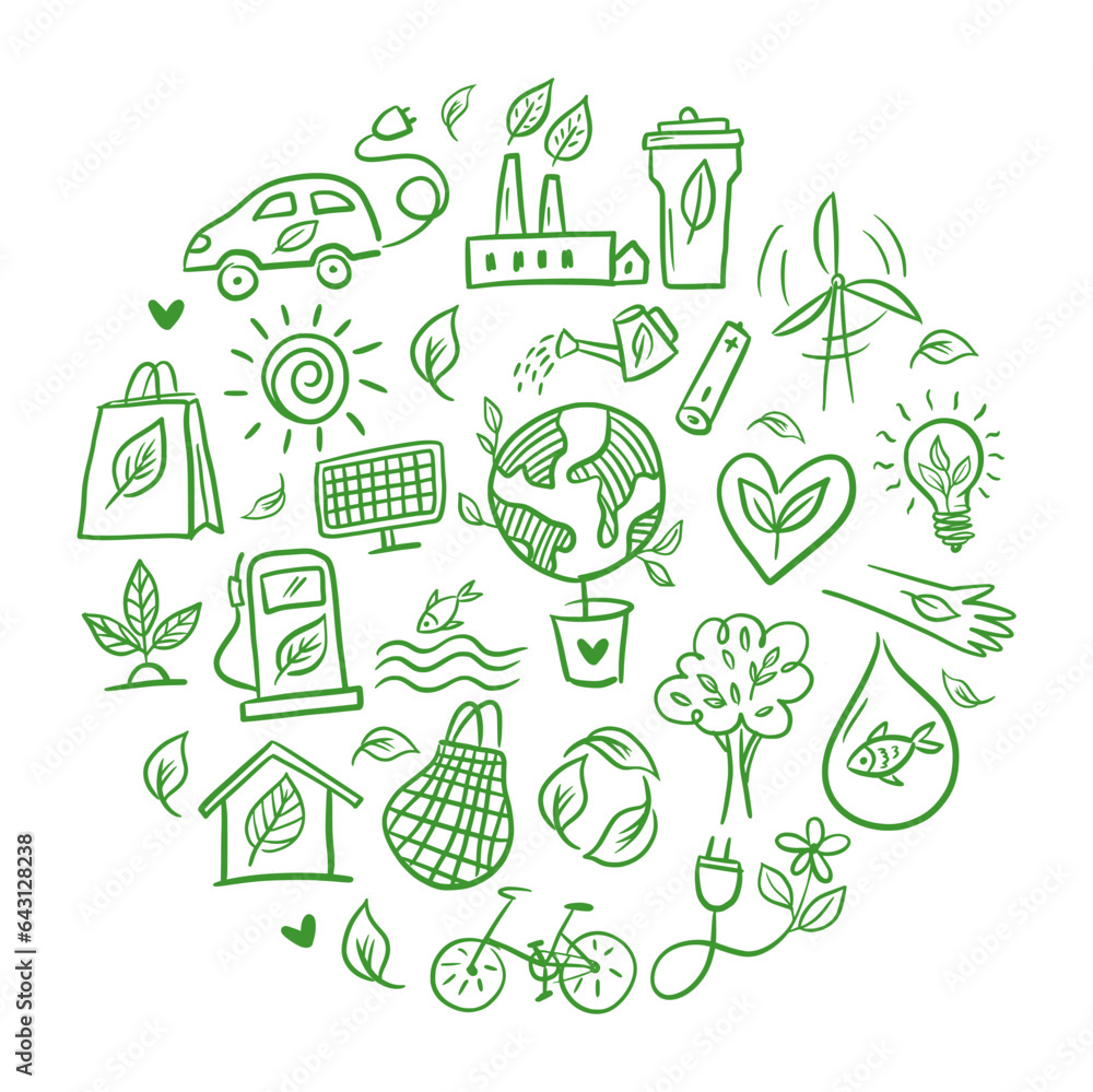 Round illustration of a set of environmental symbols drawn by hand in ...