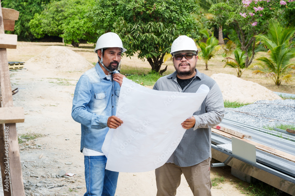 Indian male architect and house engineer wearing hard hats standing at ...
