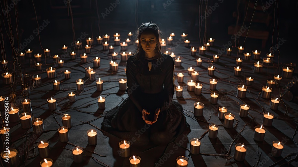Model portraying a demonic entity, amidst a circle of lit candles in a dark, secluded chamber ...