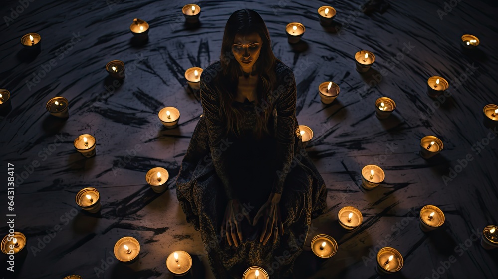 Model portraying a demonic entity, amidst a circle of lit candles in a dark, secluded chamber ...