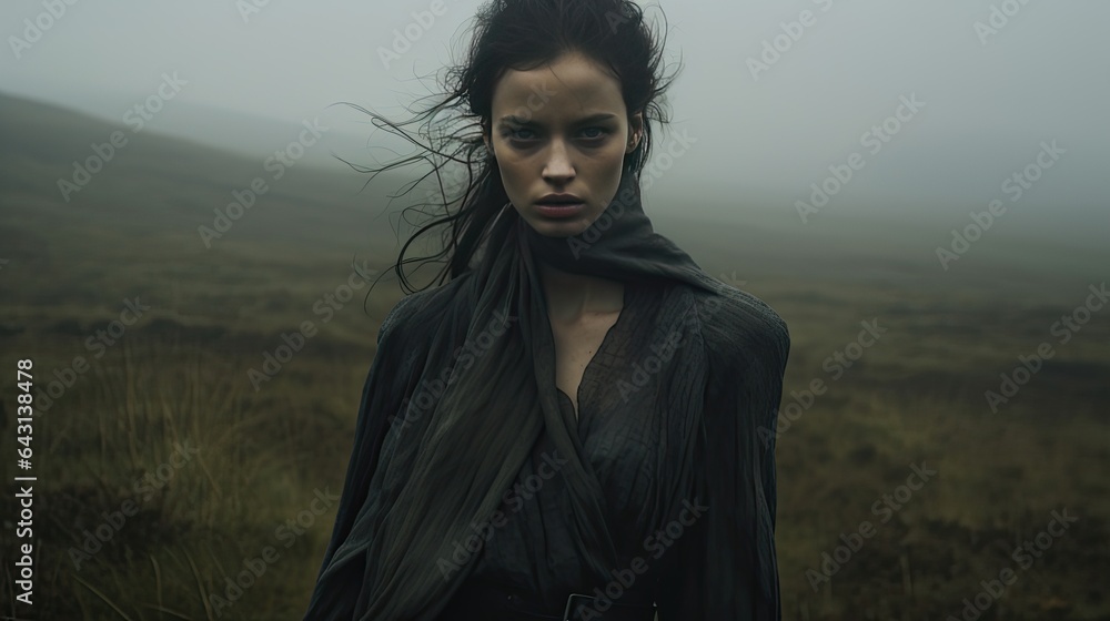 Model with eerie, sunken eyes, set in the midst of a foggy, desolate ...