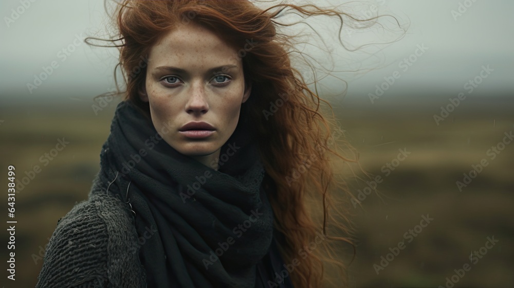 Model with eerie, sunken eyes, set in the midst of a foggy, desolate ...