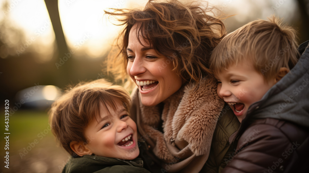 eine lachende Mutter mit ihren zwei Kindern, a laughing mother with her ...
