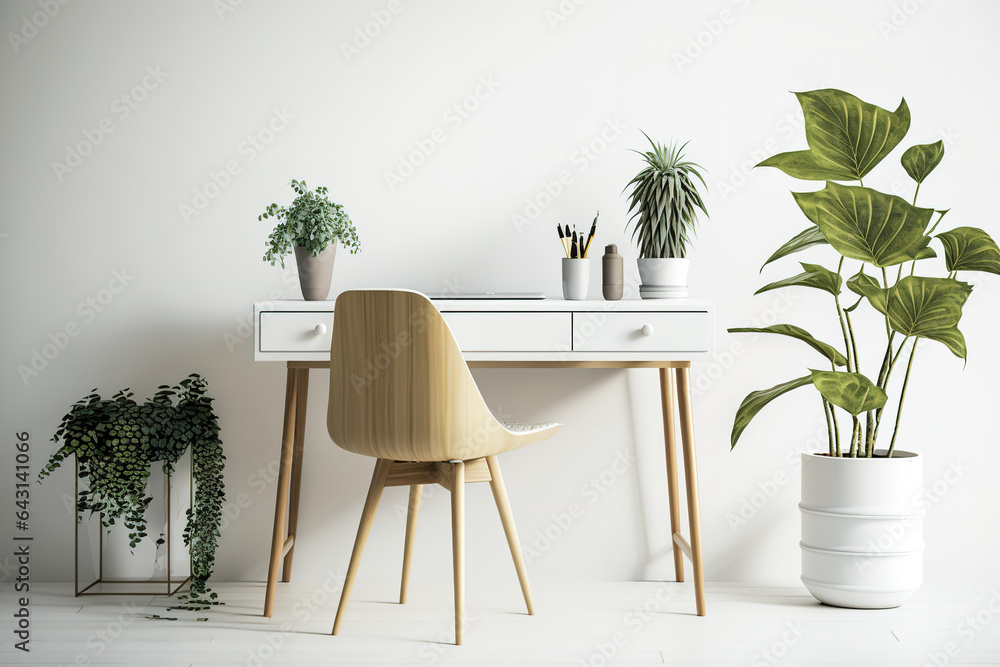 Mockup of a Nordic Wooden Work Desk with a Little Chair and Vacant ...