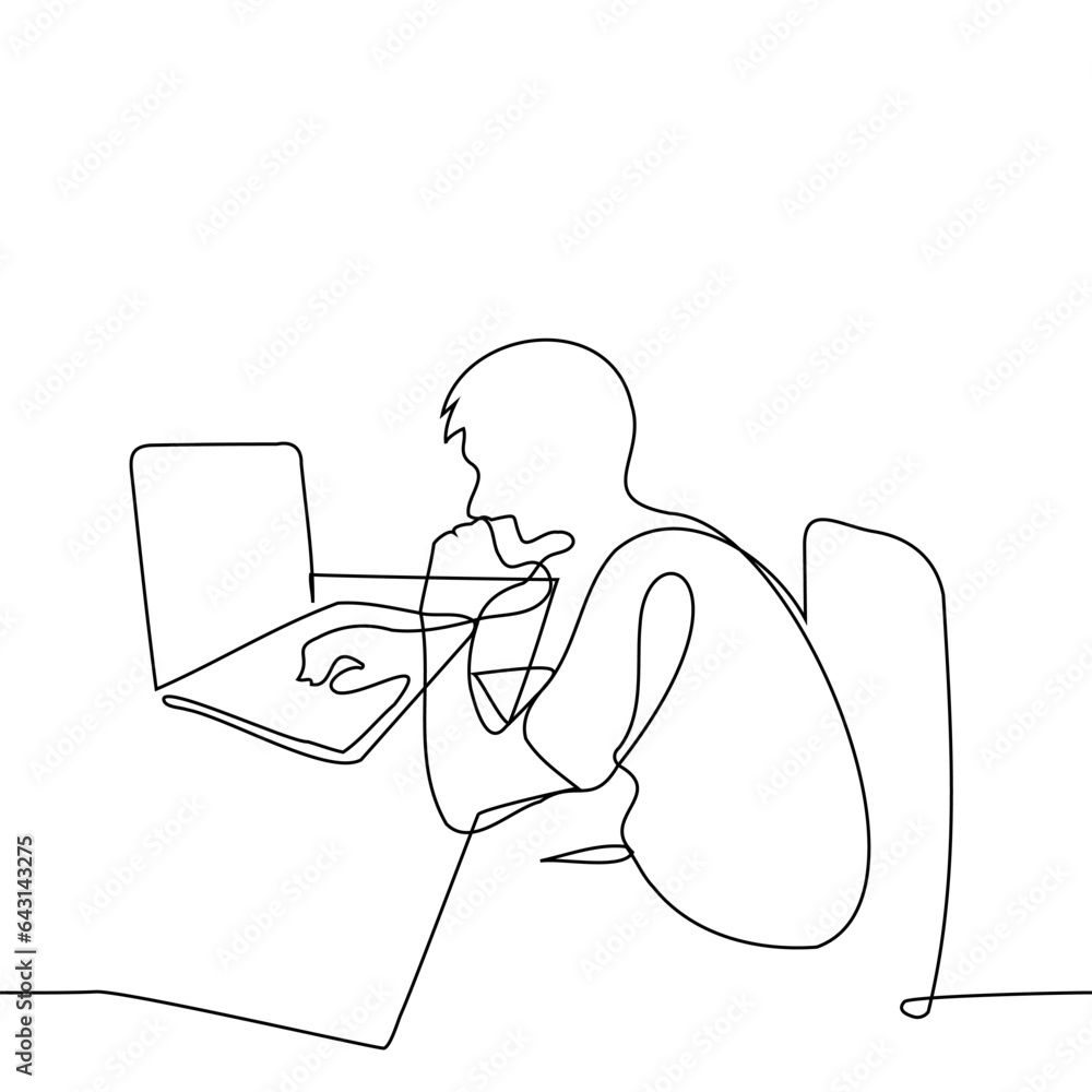 man sitting at laptop heavily hunched over - one line art vector. the ...