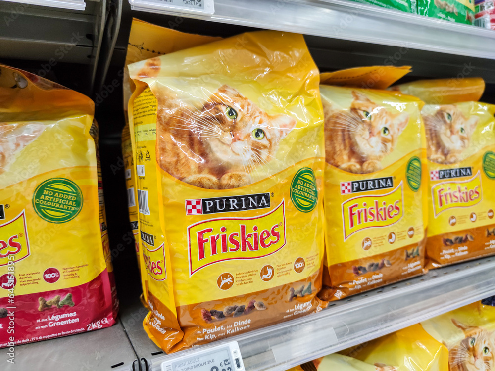 Cat Food Aisle with Dry Cat Food "Friskies" by Purina in a French ...