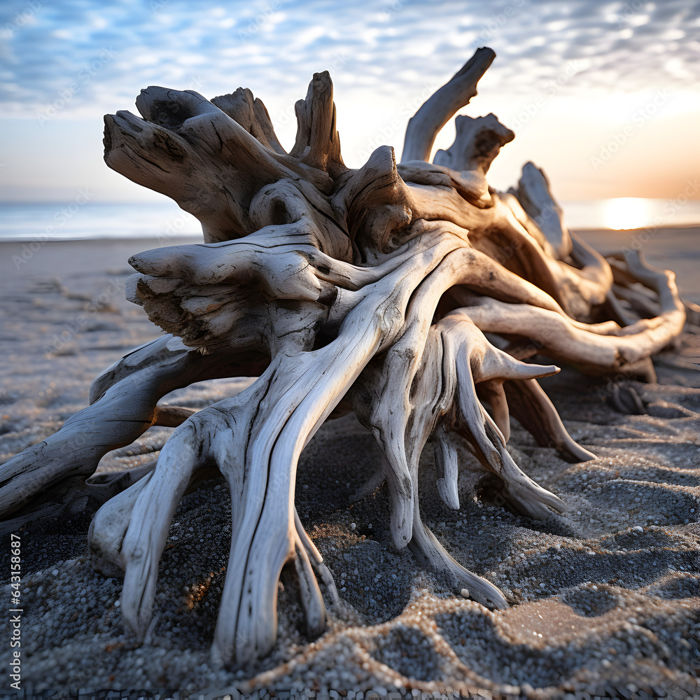 Close up driftwood log sitting on the beach with the sunset and clouds ...