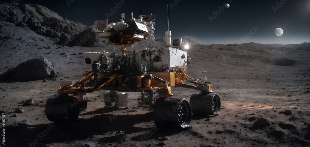 landscape with moon and snow, lunar exploration rover developed by ...