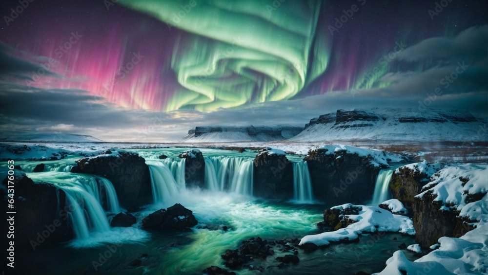 falls in the night. A wonderful night. Northern lights, waterfall in ...