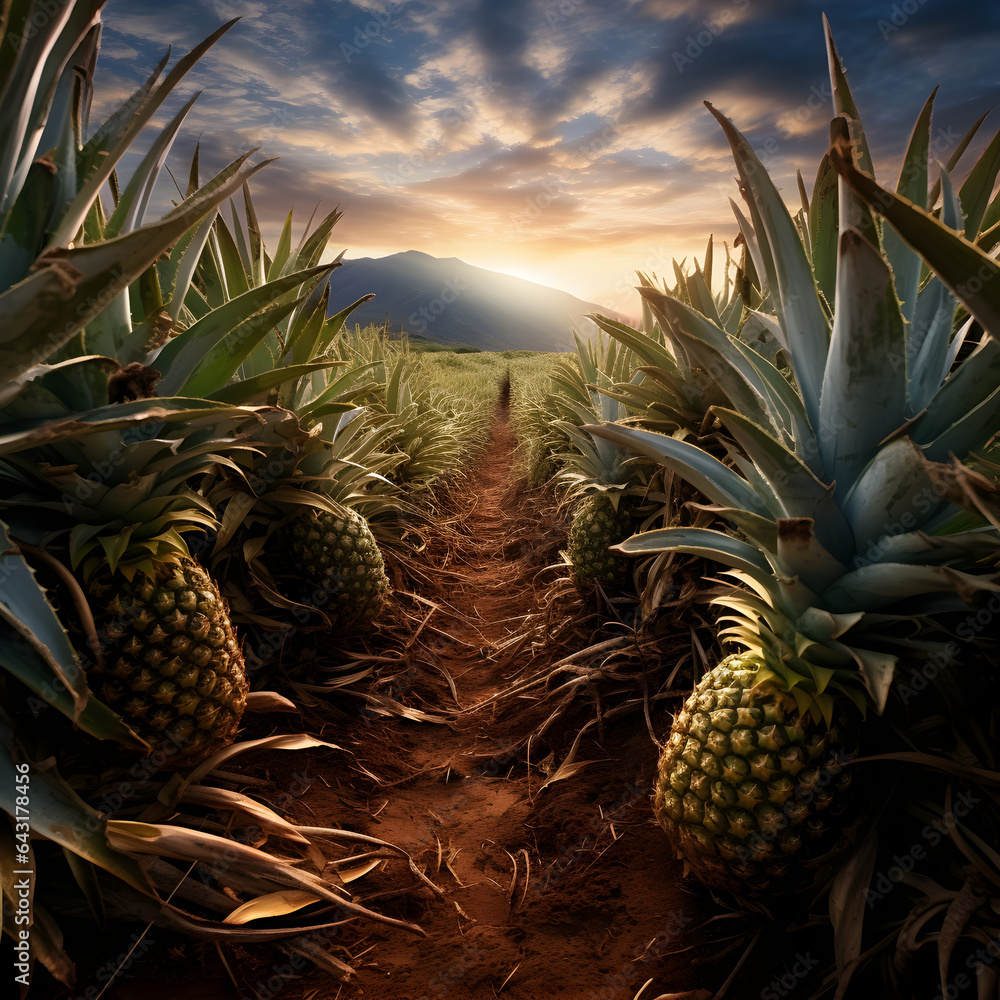 Pineapple field in Hawaii. A close up image of many Pineapples growing ...
