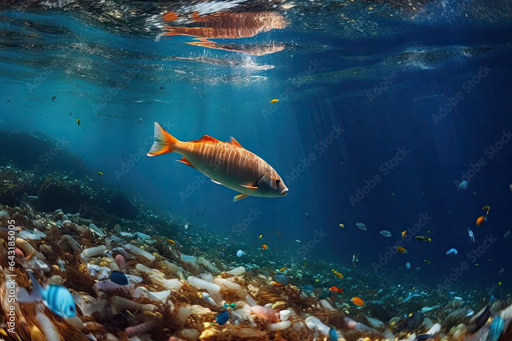 trash floating in the ocean with sunlight shining through the water's ...
