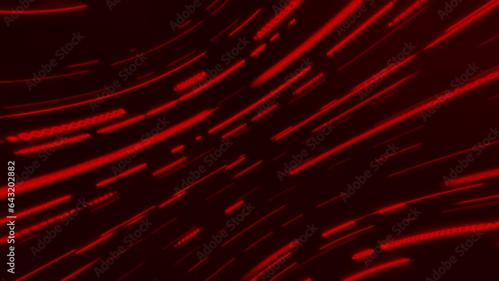 Glowing red neon lines and dashed lines and dots moving diagonally ...