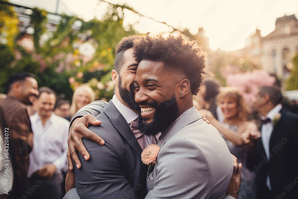 Homosexual male couple happily embrace after their wedding ceremony ...