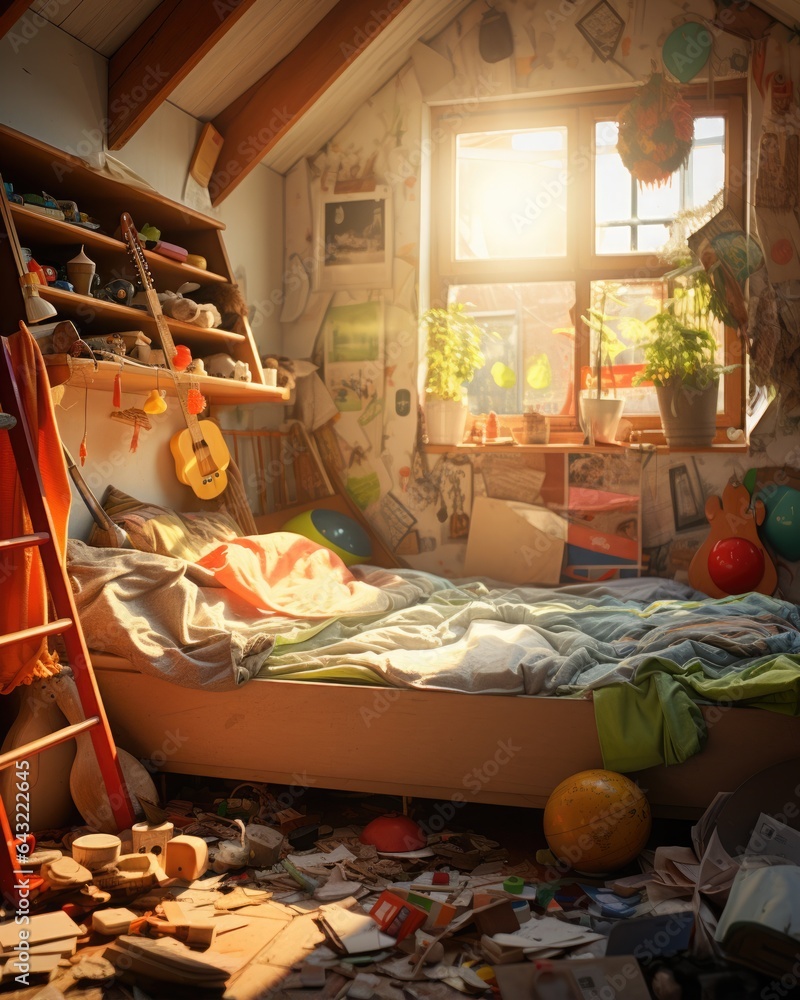 An endearing view of a child's room in delightful disarray, featuring an unmade bed, scattered ...