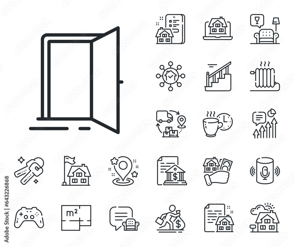 Entrance doorway sign. Floor plan, stairs and lounge room outline icons ...