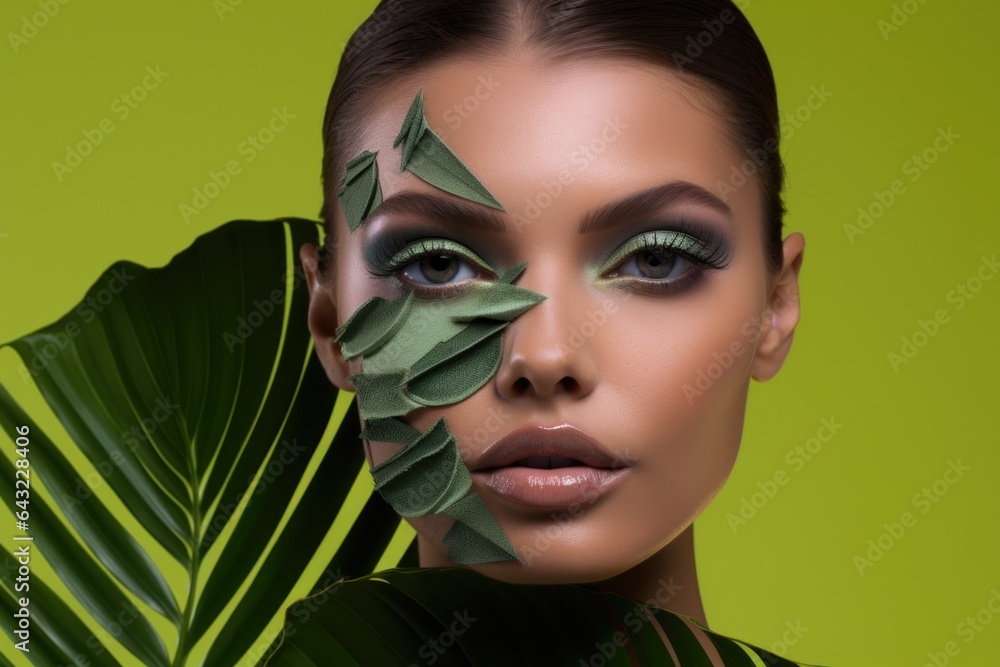 Close up face of beautiful young woman covering her face by green ...