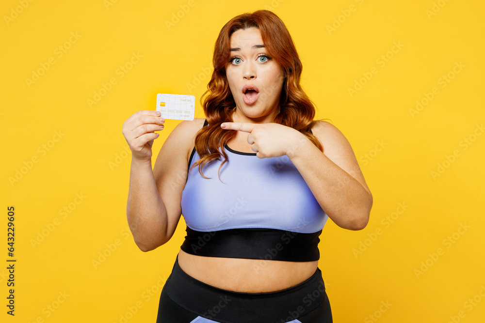 Young overweight plus size big fat fit woman wear blue top warm up ...