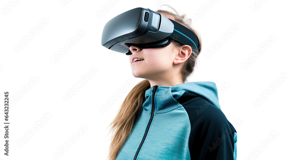 a teenage caucasian girl using a vr virtual reality headset isolated on ...