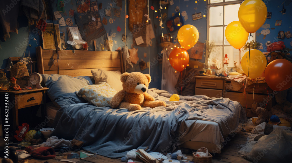 An endearing view of a child's room in delightful disarray, featuring ...