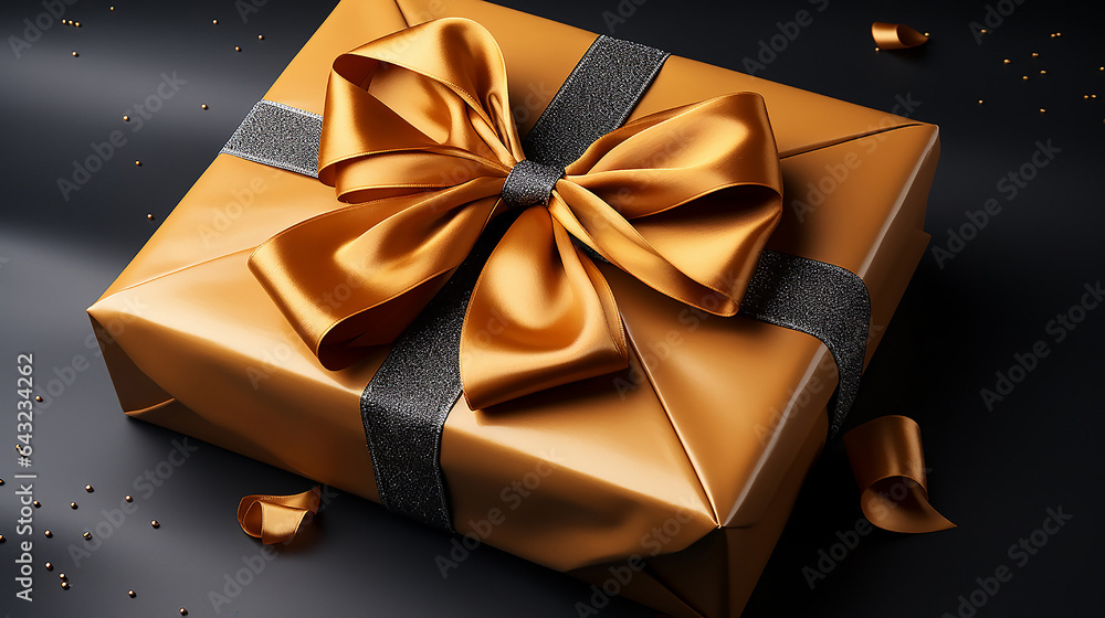 3d brown gifts boxes, golden confetti glitter. Realistic render Xmas ...
