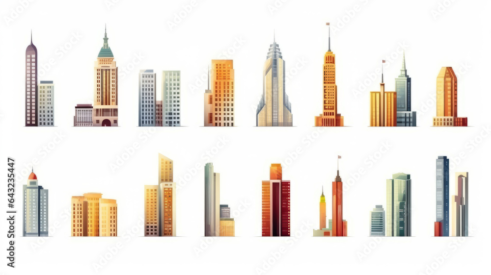 Set of different skyscraper buildings isolated on white.Generative ai ...