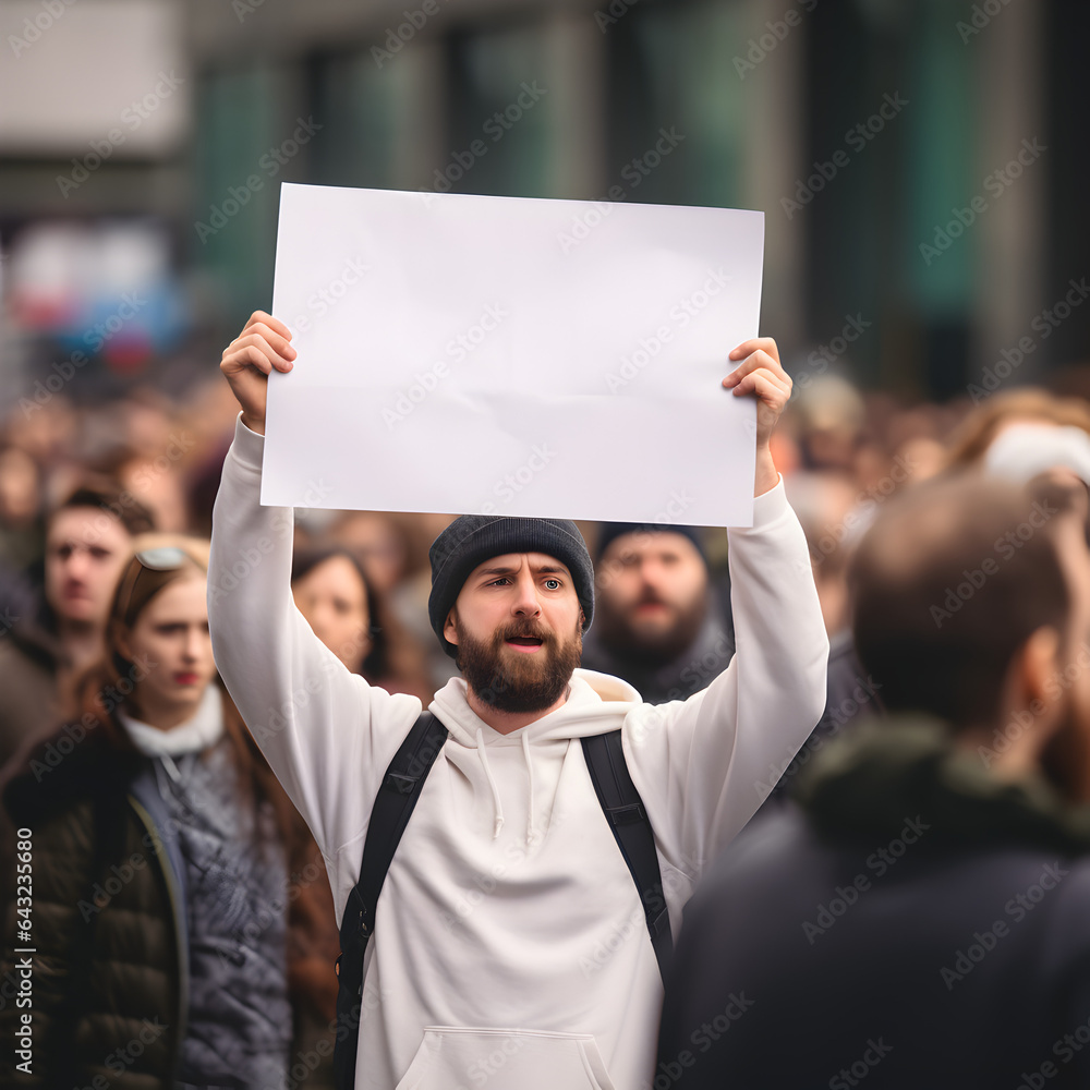 Mockup protester at rally holding up a blank sign, a copyscape with ...