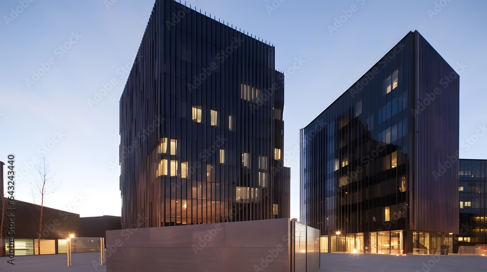 From below of entrance of office building next to contemporary high ...