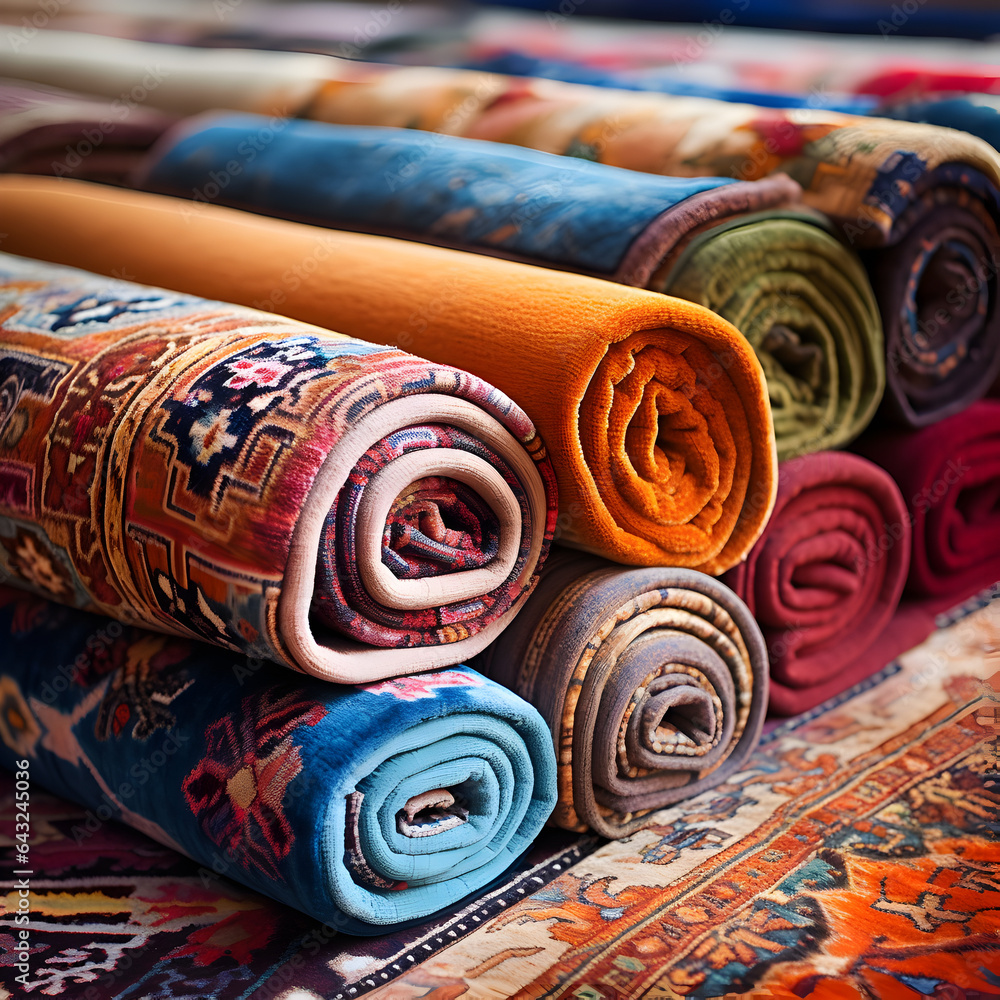 Rolled up oriental rugs in a rug fabric store ready to be purchased ...