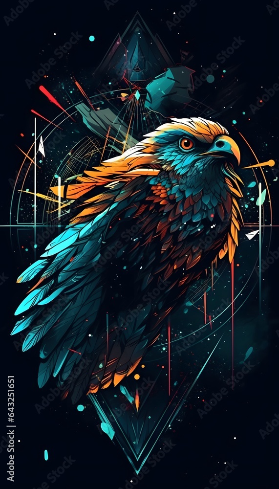 Colorful hawk bird illustration isolated on vertical black background ...