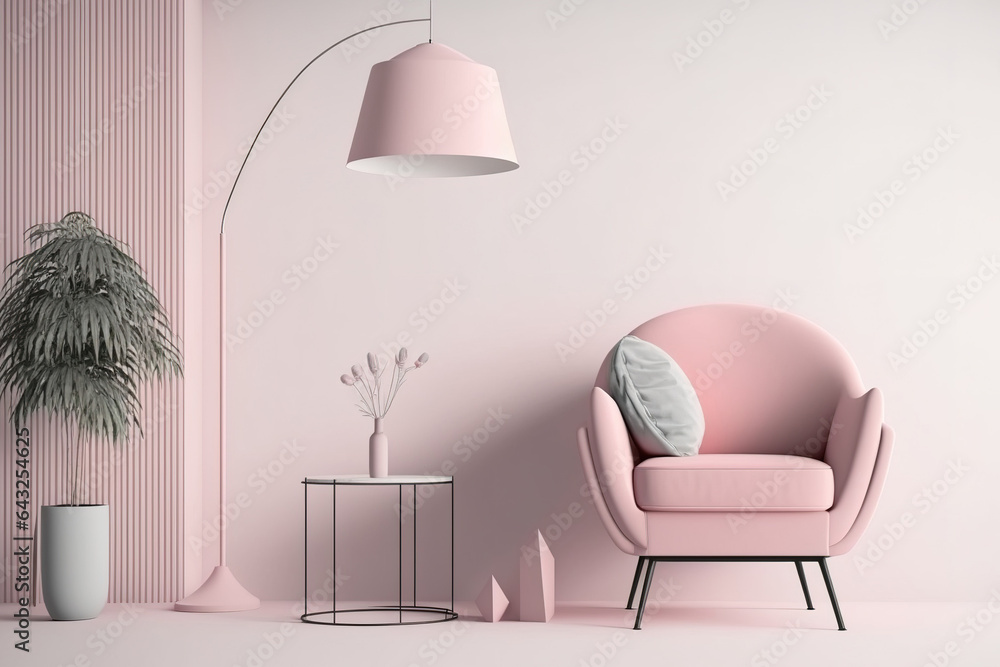 A simple, light-pink interior space with a single chair and a floor ...