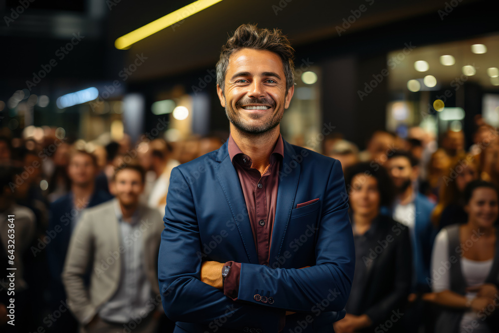 A CEO giving a motivational speech to employees in a modern office ...