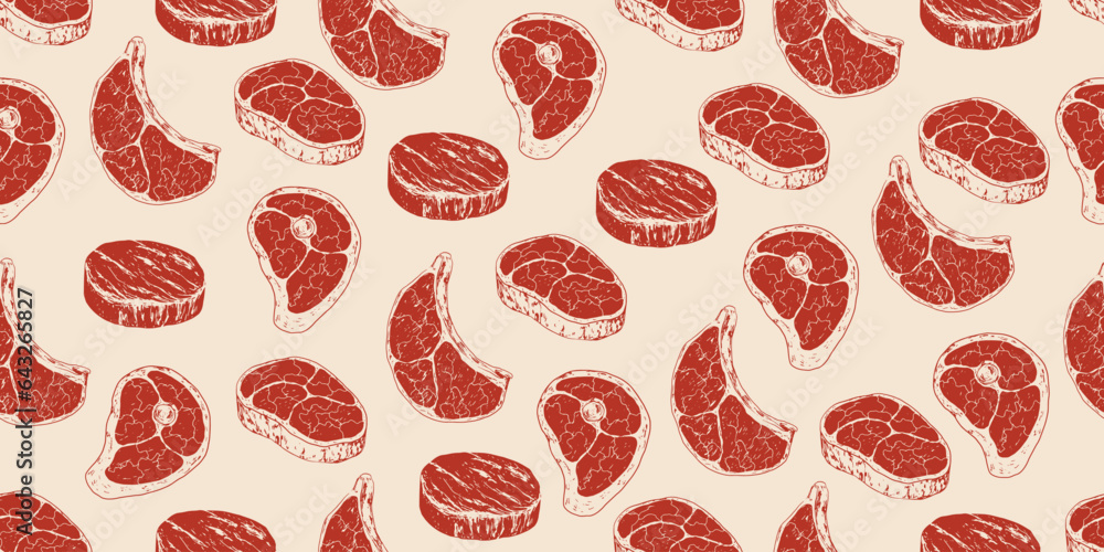 Seamless pattern with steaks. Raw red meat. Sketch style steak. Hand ...