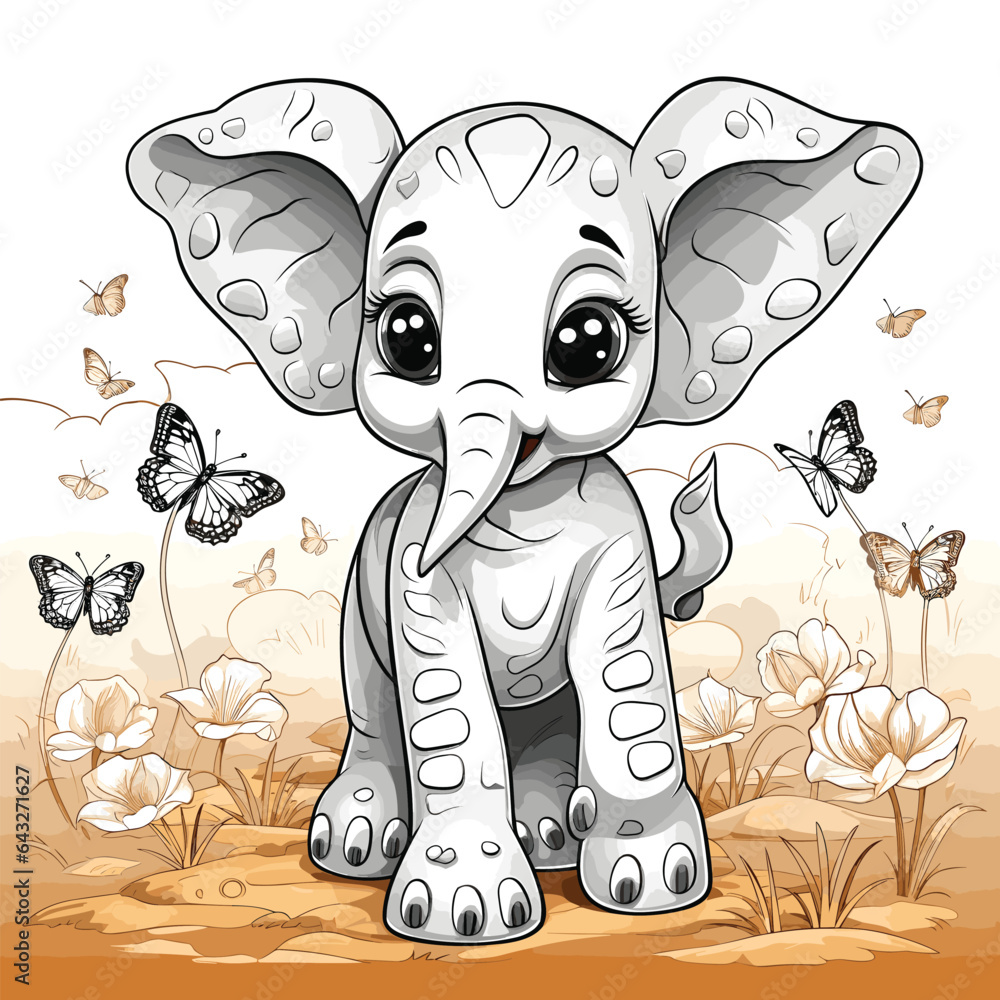 Cute baby elephant and butterfly outline drawing vector illustration ...