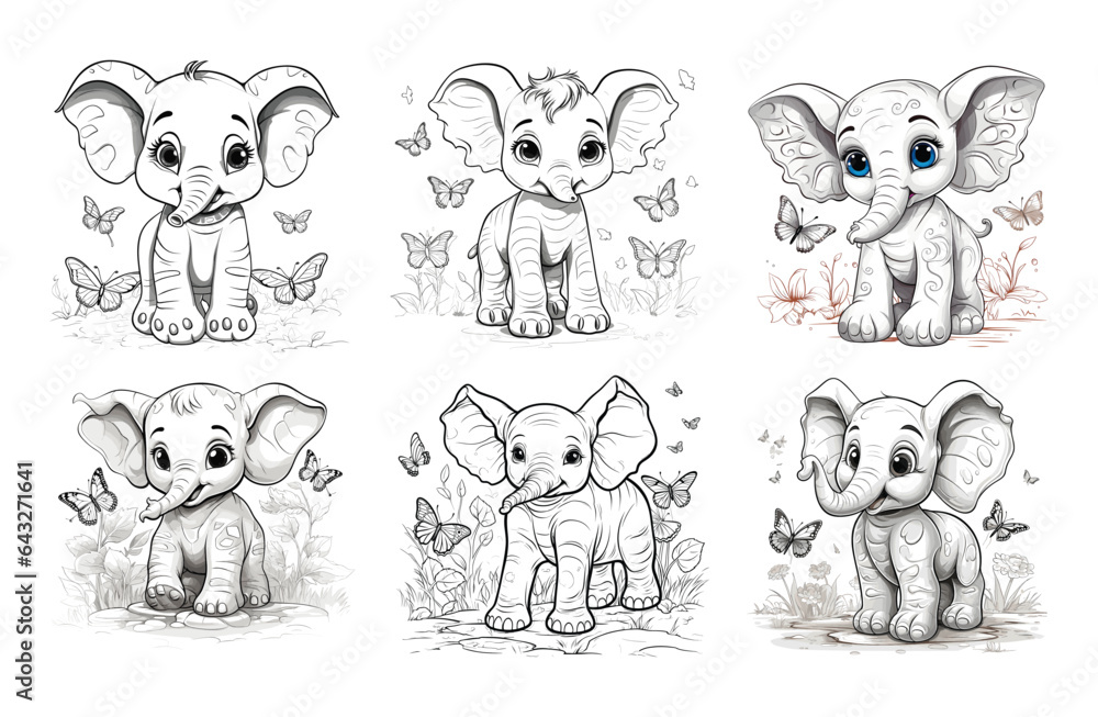 Set of cute baby elephant and butterfly outline drawing vector ...
