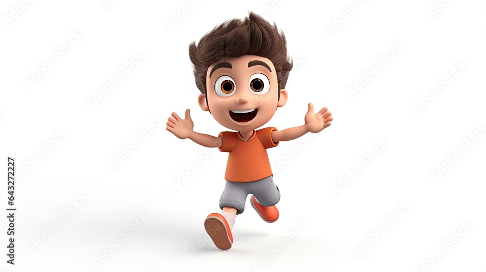 Happy little boy girl child jump cute cartoon 3d illustration character ...
