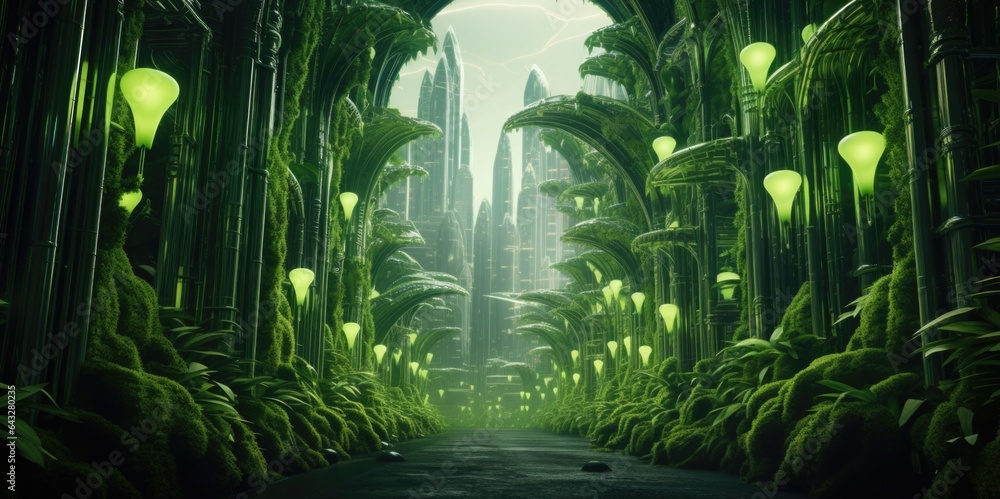 Surreal Sci-Fi Jungle: 3D Render of a Green and Lush Cityscape made of ...
