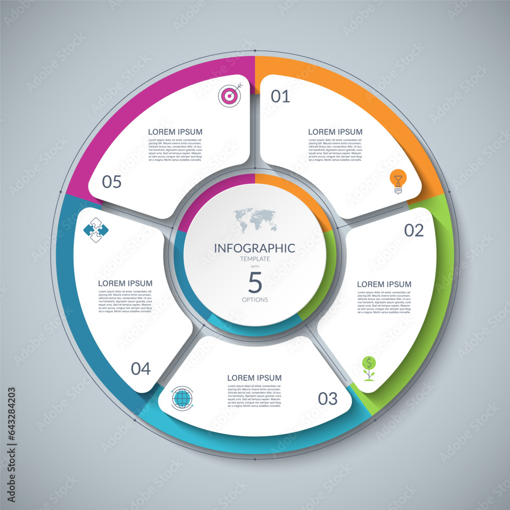 Infographic circle with 5 options, parts. 5-step cycle diagram for business infographics ...