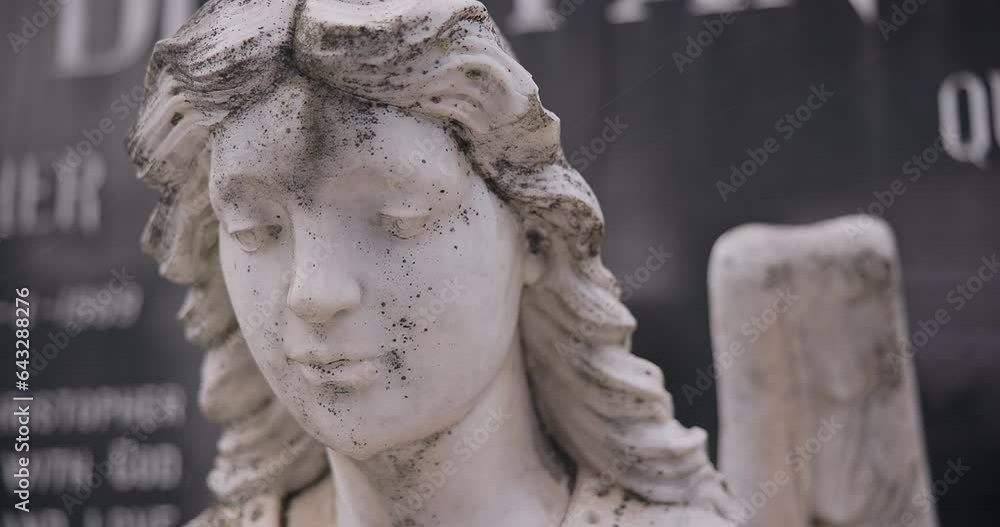 Graveyard, burial and angel statue in cemetery for death ceremony ...