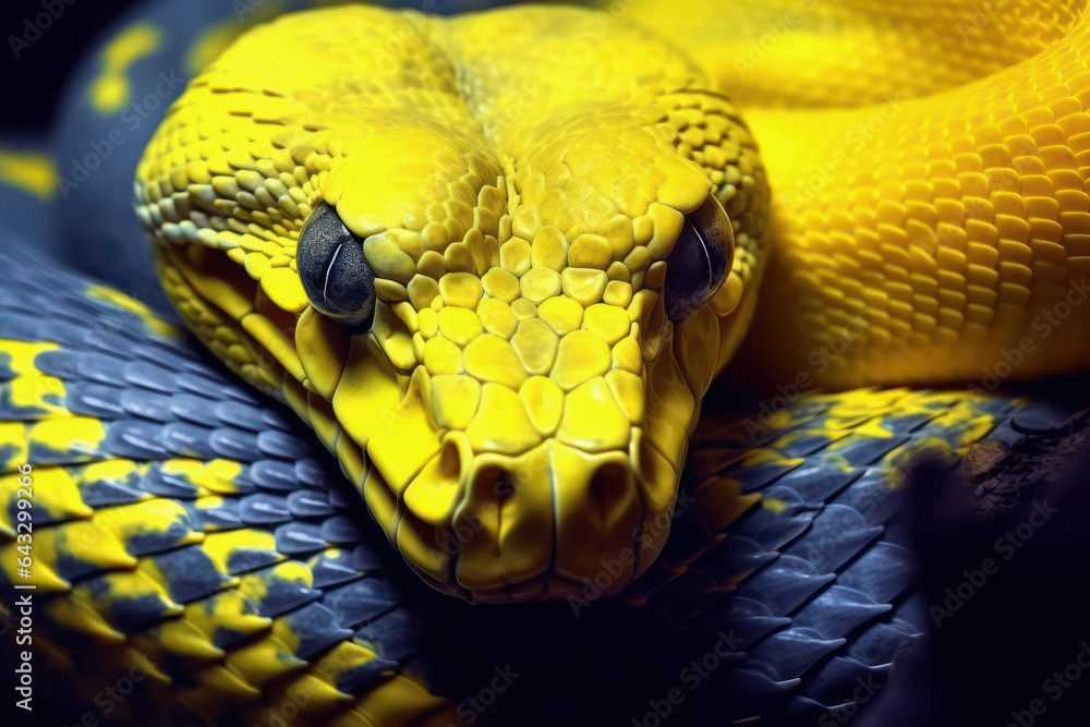 Blue and yellow viper snake closeup face, viper snake, yellow and blue ...