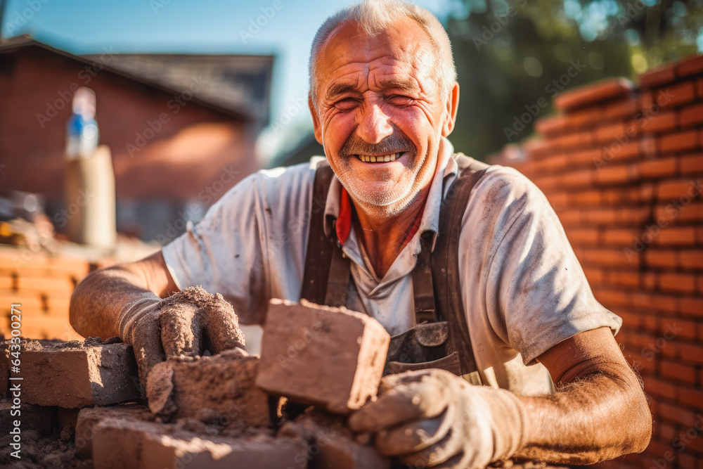 Older smiling bricklayer worker placing bricks on cement Stock Photo ...