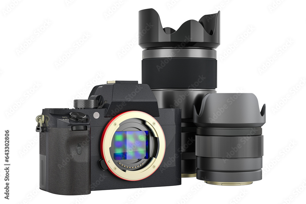 Digital camera body with photo lens, 3D rendering isolated on ...
