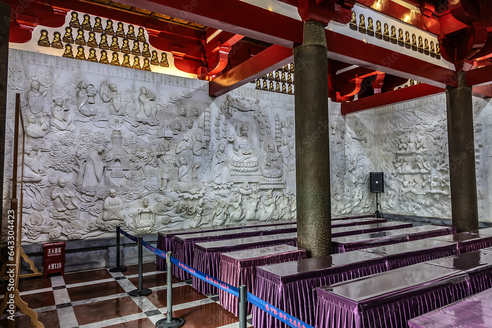 Interior of a pavilion at Giant Wild Goose Pagoda complex, a Buddhist ...