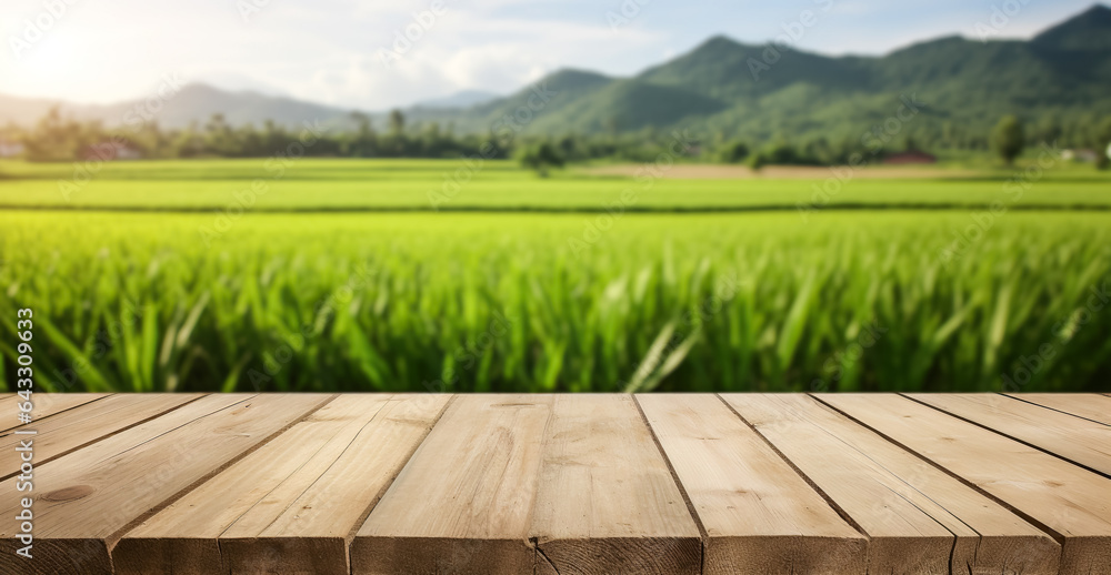 Empty wood table and blurred rice field and mountain landscape at ...