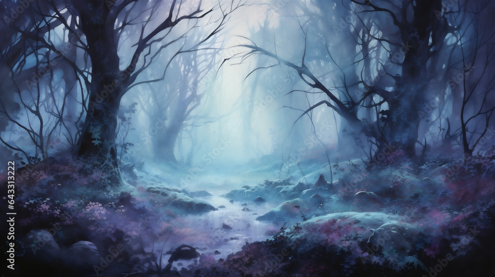 Vibrant Watercolor Painting, Eerie Haunted Forest Landscape with ...