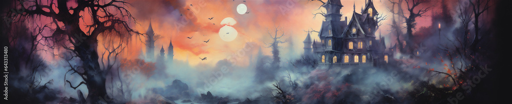 Watercolor Painting Eerie Haunted Landscape with Haunted Mansion ...