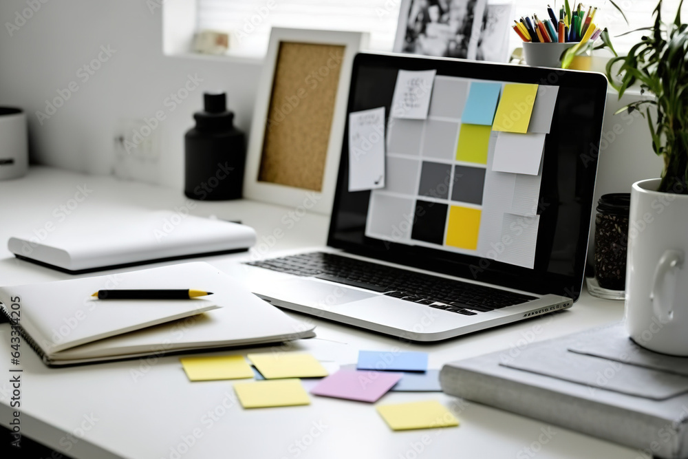 Interior of modern creative home office room with white empty screen on ...