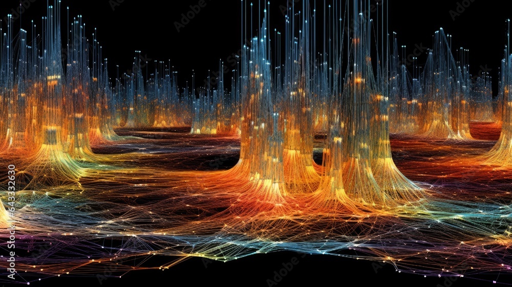 Data packets flowing through cables and routers, visualizing the ...