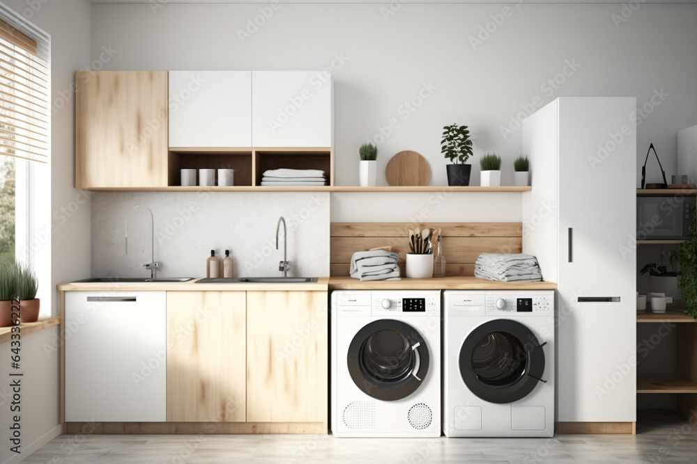 White laundry room with wood worktops, storage, and integrated washing ...